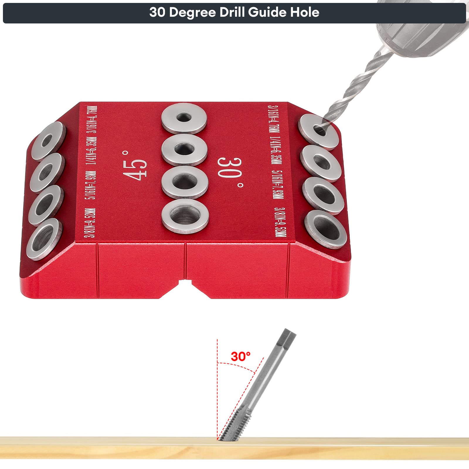 SLIIMU 30 45 90 Degree Angle 4 Sizes Drill Hole Guide Jig for Angled and Straight Hole, Portable Deck Cable Railing Lag Screw Drilling Template Block For Horizontal Cable Wood Post,Stair Wire Handrail