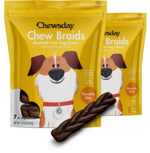 chewsday 6-inch dog chew braids, made in the usa, all natural rawhide-free highly-digestible treats, peanutty bliss - 14 count