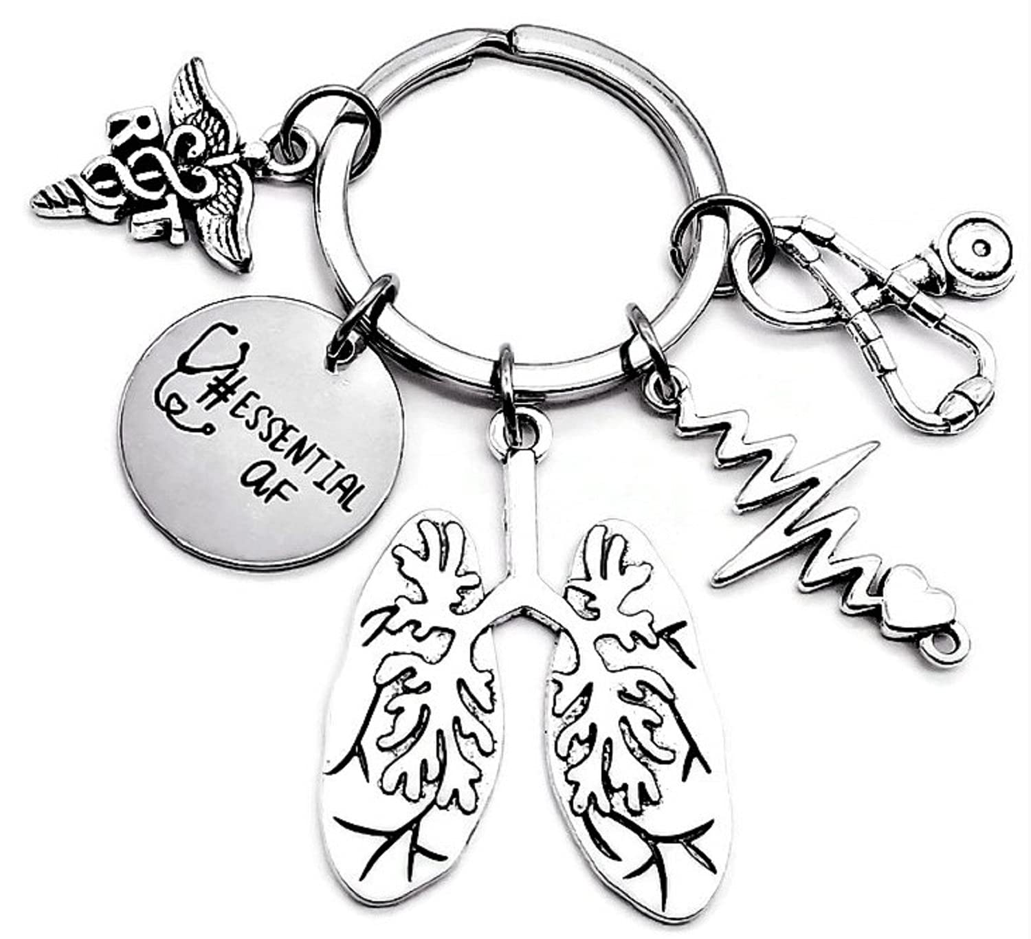 Kit's Kiss RT Respiratory Therapist Keychain Therapy Gift Lung Specialist Stethoscope Anatomical EKG ECG Heartbeat Pulmonary Care Disease Essential AF Gift, Silver, Diameter of Key Ring : 1.26 inches