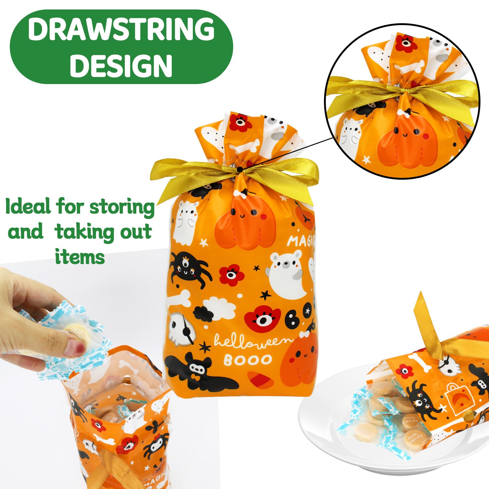 ZMCINER 50 Pcs Halloween Drawstring Candy Bags Halloween Treat Bags for Halloween Party Favors