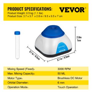 VEVOR Vortex Mixer, 3000RPM Mini Vortex Mixer Shaker, Touch Function Scientific Lab Vortex Shaker, Mix Up to 50ML, 6mm Orbital Diameter for Test Tube, Tattoo Ink, Nail Polish, Eyelash Adhesives, Paint