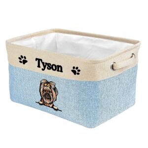 malihong personalized foldable storage basket with lovely dog yorkie collapsible sturdy fabric pet toys storage bin cube with handles for organizing shelf home closet, blue amd white