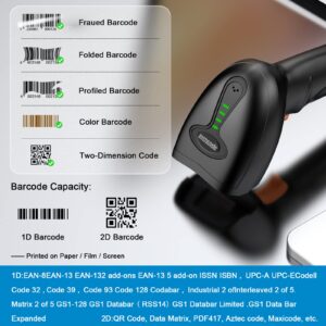 Bluetooth Barcode Scanner with Stand，2.4G Wireless & USB 2D QR Handheld Barcode Reader Scanner for Library Book, Warehouse Inventory, Store