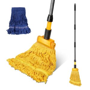 masthome industrial mop, commercial mop for floor cleaning heavy duty, cotton mop looped-end string wet mop with 2 mop heads for home, garage, office floor cleaning (yellow-blue)