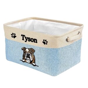 malihong personalized foldable storage basket with funny dog english bulldog collapsible sturdy fabric pet toys storage bin cube with handles for organizing shelf home closet, blue amd white