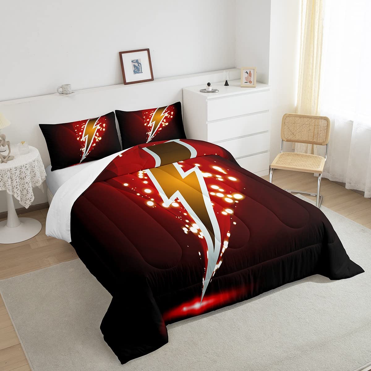 Manfei Flash Bedding Set,Lightning Strike Comforter Set with Pillowcases,Shiny Dots Gaming Design Bedding Decor,Boys Girls Youth Gamer Duvet Insert Queen Size 3 Pieces