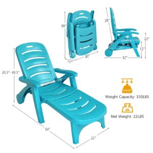 Giantex Patio Chaise Lounge Recliner on Wheels, Folding Deck Chair with Armrests, 5 Adjustable Positions for Poolside, Yard, Garden Rolling Outdoor Lounger Sunbathing Beach Chair(1, Turquoise)