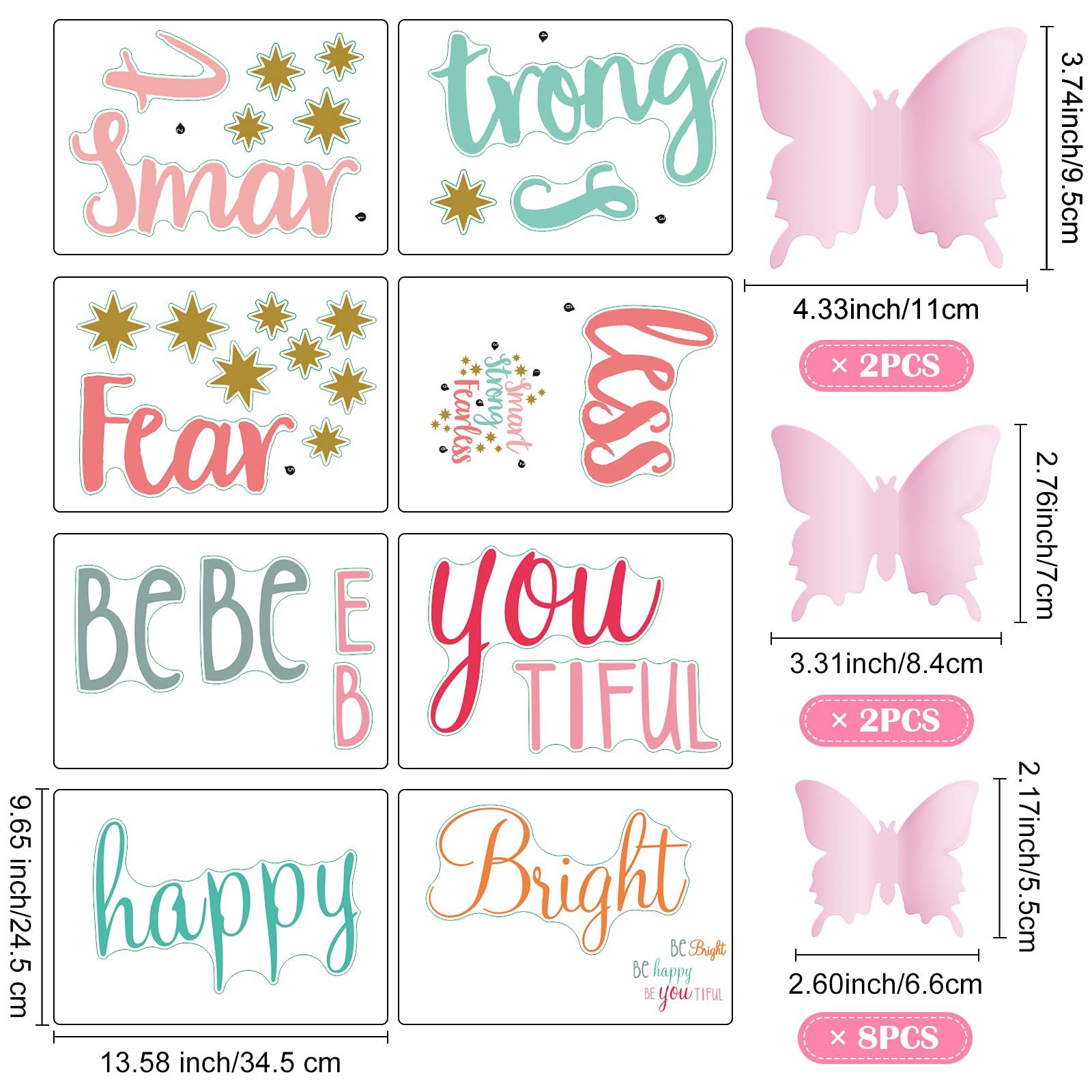 20 Sheets Inspirational Wall Decals Girl Quote Set 12 Sheets 3D Butterfly, Smart Strong Fearless, Be Bright, Be Happy, BeYouTifu Vinyl Decals Sayings Art Vinyl for Bedroom Classroom