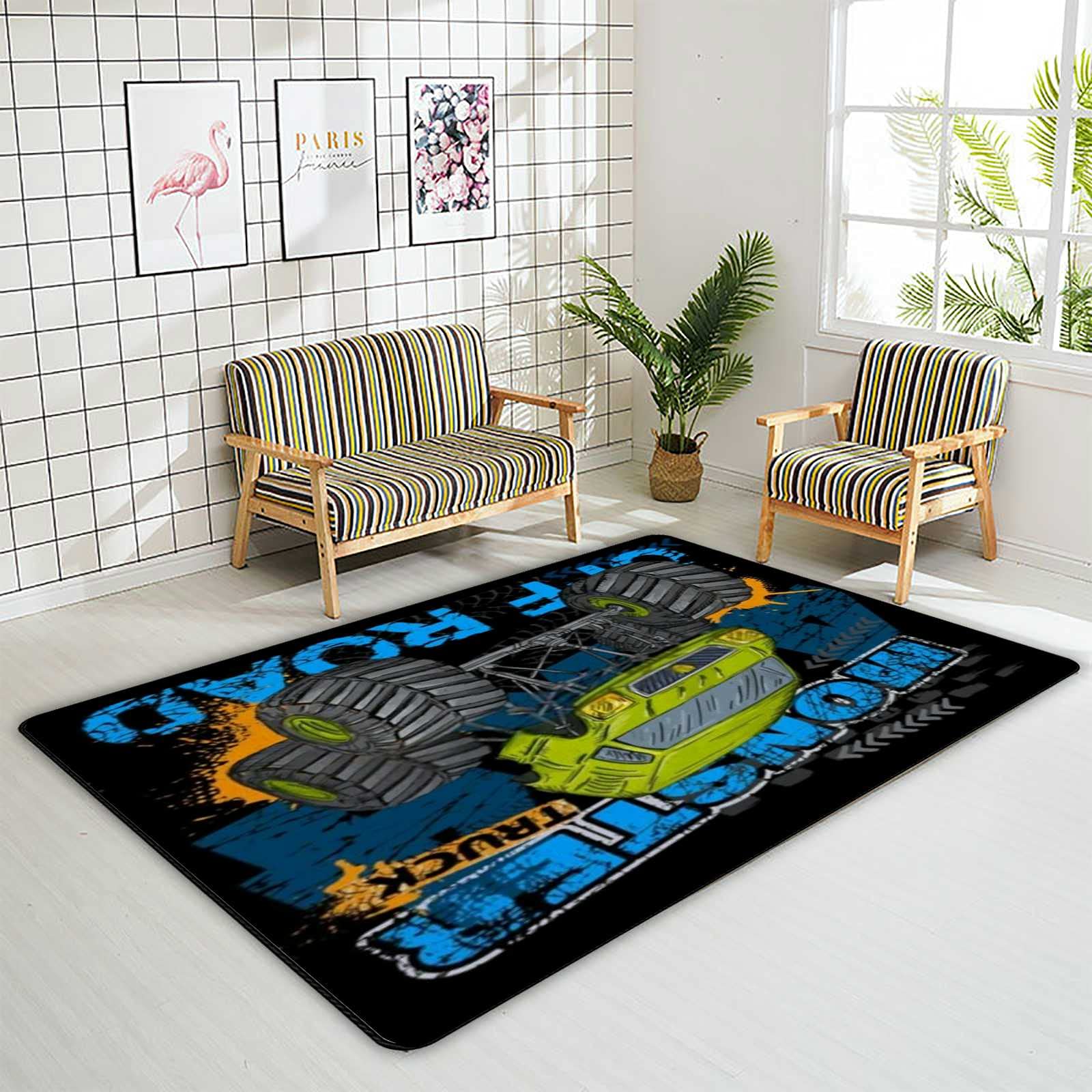 Area Rugs Mat for Living Room Green Monster Truck Boy Non-Slip Indoor Carpet Floor Ultra Soft Area Rug Kid Bedroom Dining Home Decor Large Size 5'x3'3"