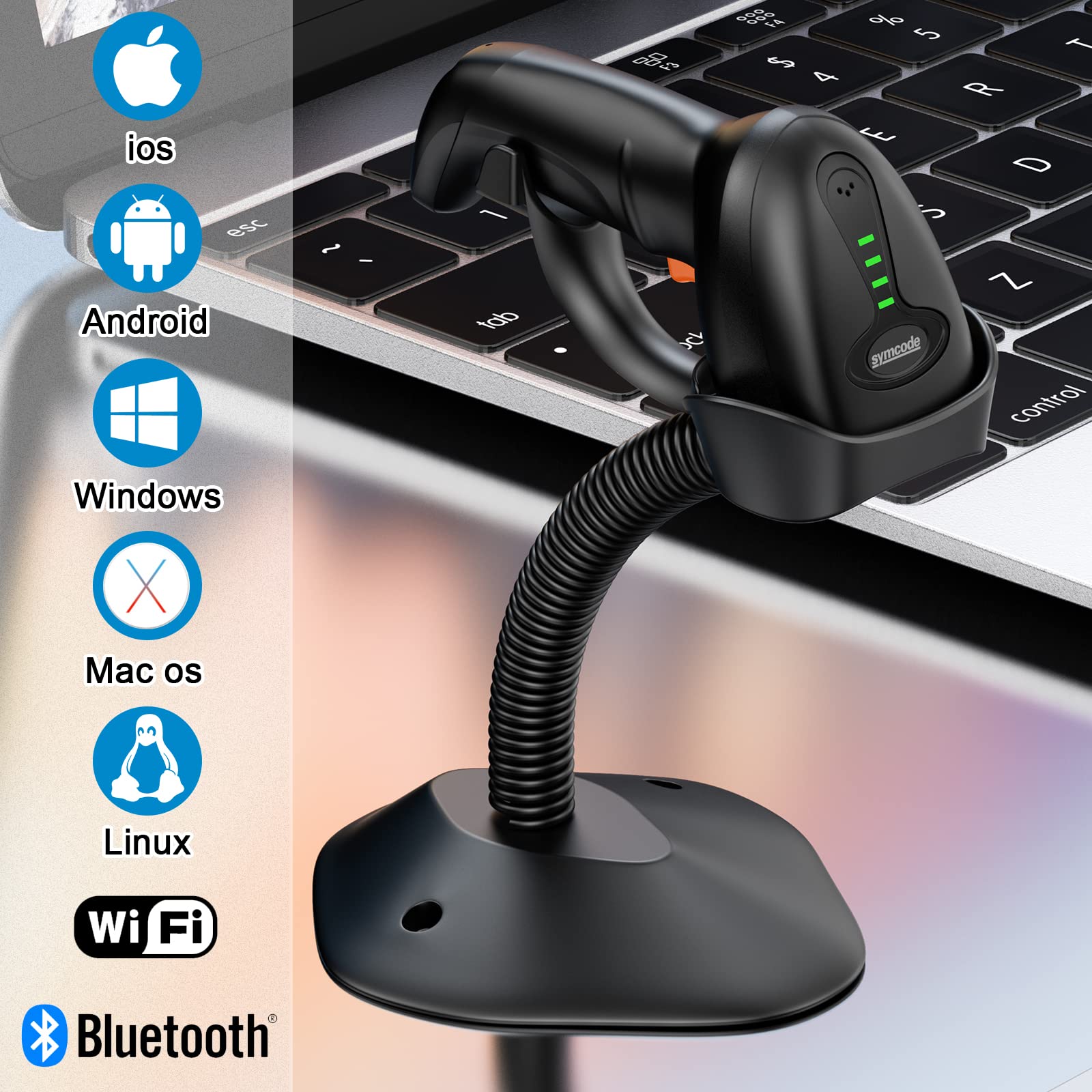 Bluetooth Barcode Scanner with Stand，2.4G Wireless & USB 2D QR Handheld Barcode Reader Scanner for Library Book, Warehouse Inventory, Store