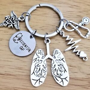 Kit's Kiss RT Respiratory Therapist Keychain Therapy Gift Lung Specialist Stethoscope Anatomical EKG ECG Heartbeat Pulmonary Care Disease Essential AF Gift, Silver, Diameter of Key Ring : 1.26 inches