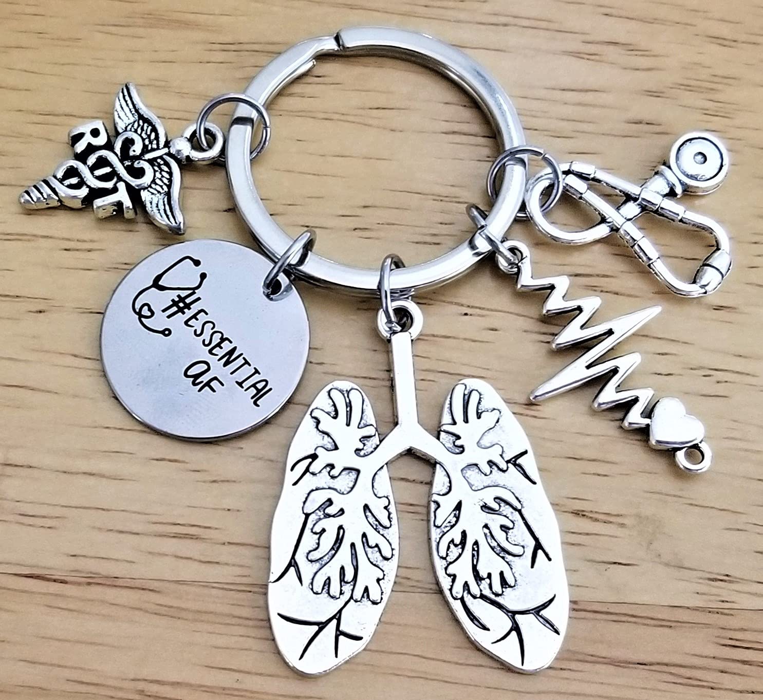 Kit's Kiss RT Respiratory Therapist Keychain Therapy Gift Lung Specialist Stethoscope Anatomical EKG ECG Heartbeat Pulmonary Care Disease Essential AF Gift, Silver, Diameter of Key Ring : 1.26 inches