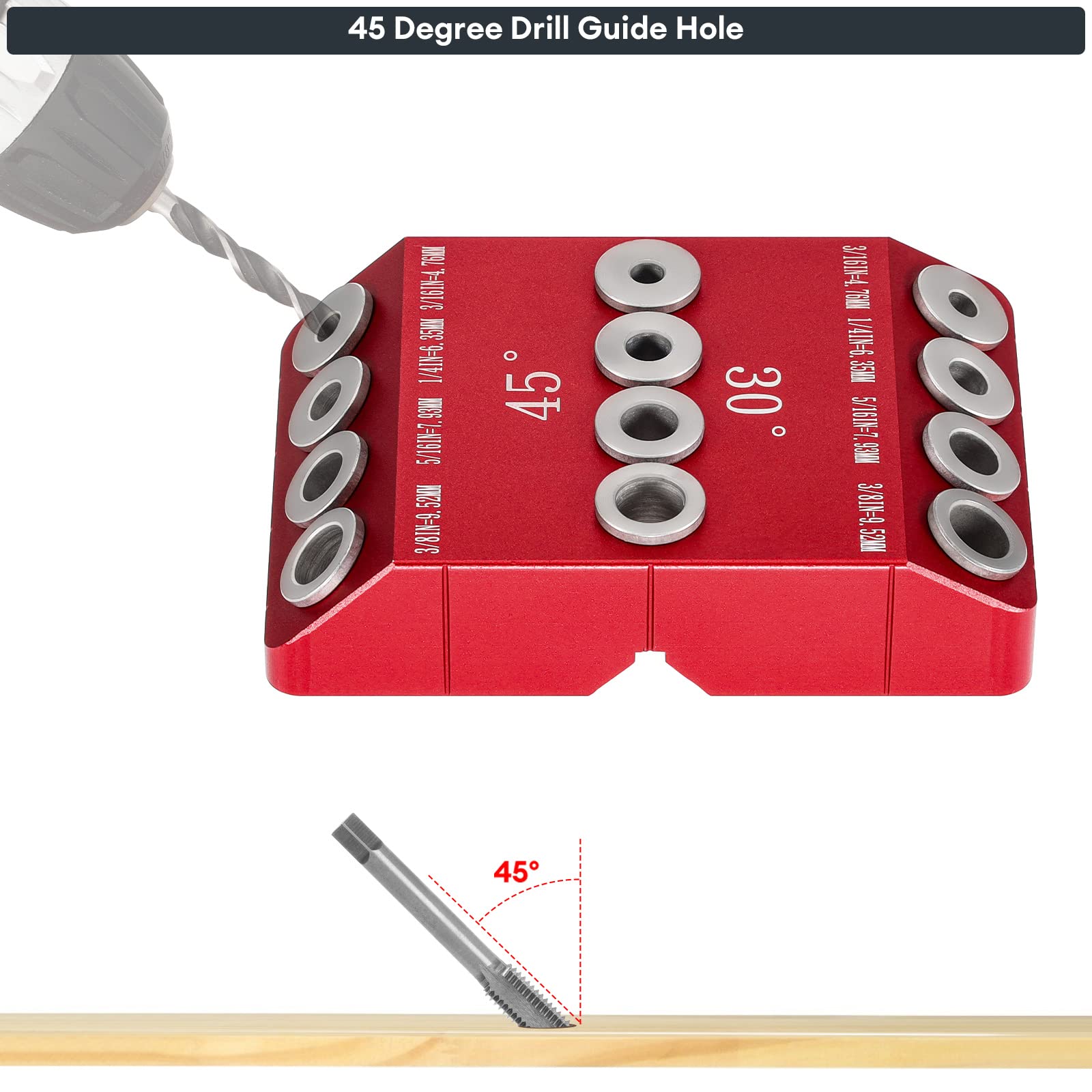 SLIIMU 30 45 90 Degree Angle 4 Sizes Drill Hole Guide Jig for Angled and Straight Hole, Portable Deck Cable Railing Lag Screw Drilling Template Block For Horizontal Cable Wood Post,Stair Wire Handrail