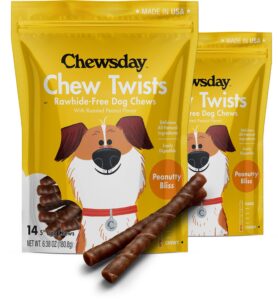 chewsday 5-inch chewy dog chew twists, made in the usa, all natural rawhide-free highly-digestible treats, peanutty bliss - 14 count