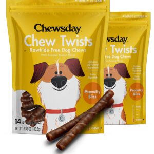 Chewsday 5-Inch Chewy Dog Chew Twists, Made in The USA, All Natural Rawhide-Free Highly-Digestible Treats, Peanutty Bliss - 14 Count