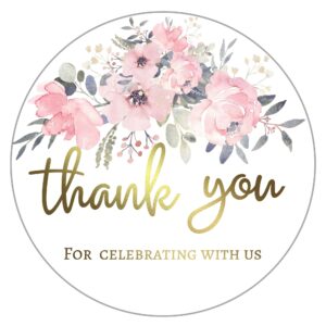 mobiusea creation floral party thank you for celebrating with us sticker | 2 inch | gold foil | 48pcs waterproof thank you stickers for wedding, bridal shower, birthday, boho girl baby shower