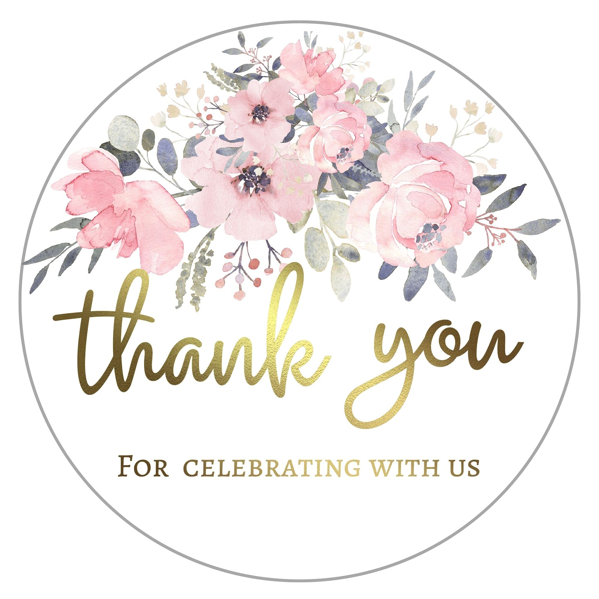 Mobiusea Creation Floral Party Thank You for Celebrating with Us Sticker | 2 inch | Gold Foil | 48pcs Waterproof Thank You Stickers for Wedding, Bridal Shower, Birthday, Boho Girl Baby Shower