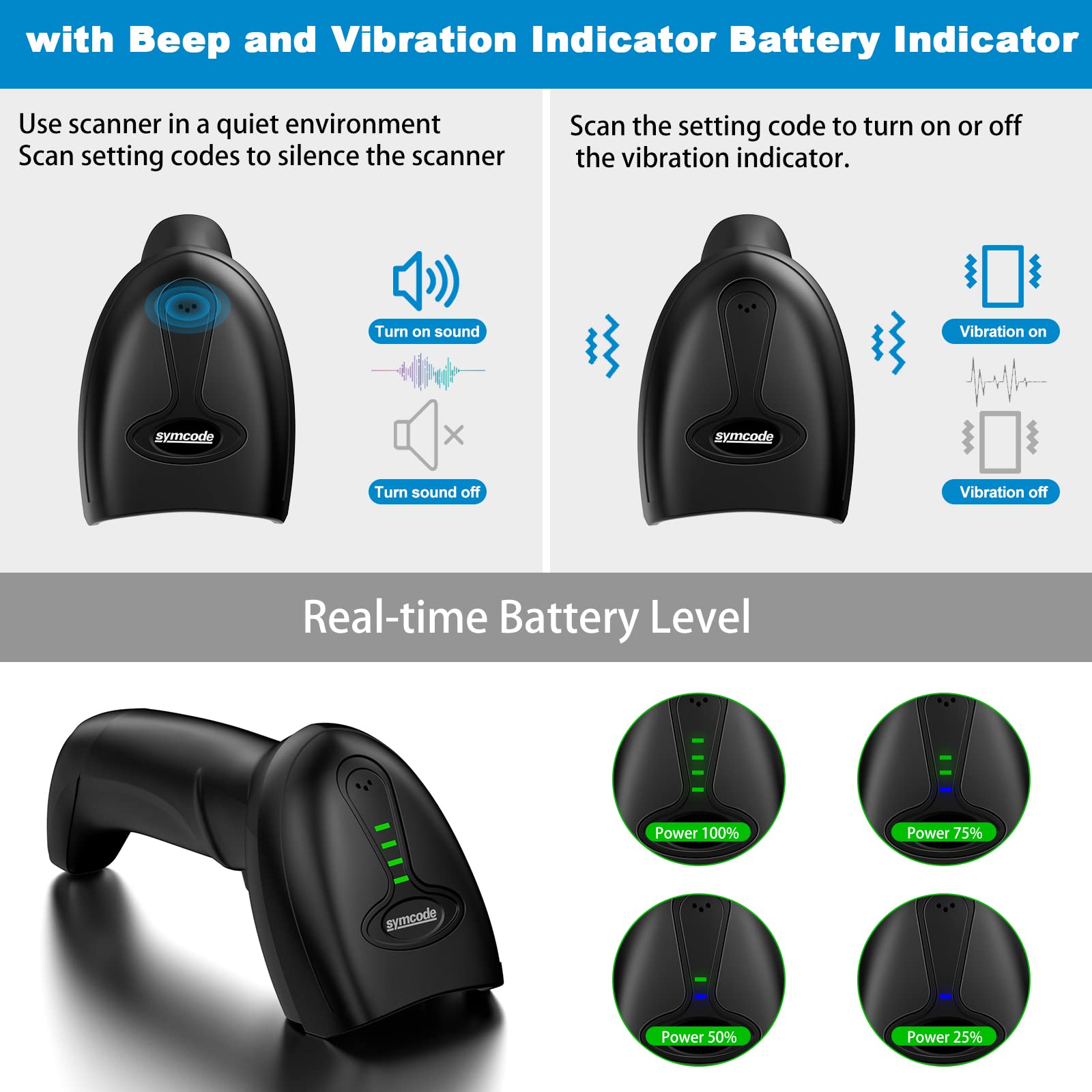 Bluetooth Barcode Scanner with Stand，2.4G Wireless & USB 2D QR Handheld Barcode Reader Scanner for Library Book, Warehouse Inventory, Store