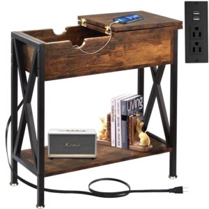 toocust end tables living room with charging station, flip top side table with usb ports and outlets, couch end tables, narrow end tables with 5.5" deep flip top drawer(11.2" d x 24" w x 24" h)