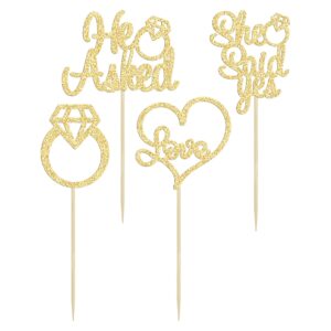 Gyufise He Asked She Said Yes Cupcake Toppers Gold Glitter Diamond Ring Heart Love Cake Picks for Wedding Engagement Party Cake Decorations 24 Pack