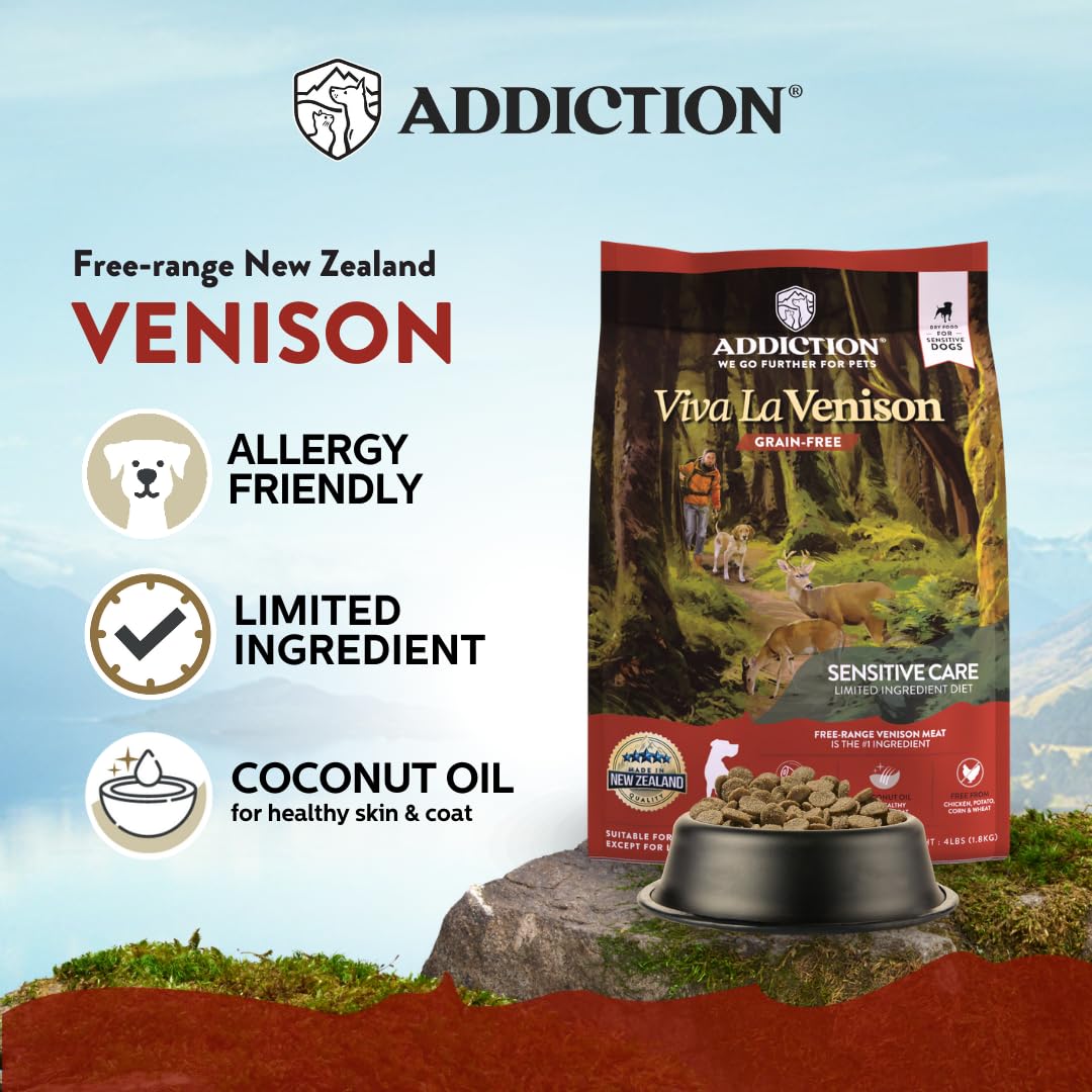 Addiction Viva La Venison Premium Grain-Free Dry Dog Food - Single Protein & Novel Meat with Probiotics - No Chicken, Beef, or Turkey - Ideal for All Dogs & Puppies 4lb - 2 Packs