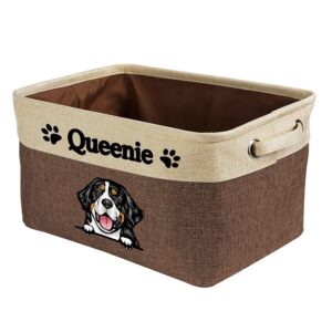 malihong personalized foldable storage basket with cute dog bernese mountain collapsible sturdy fabric pet toys storage bin cube with handles for organizing shelf home closet, brown and white