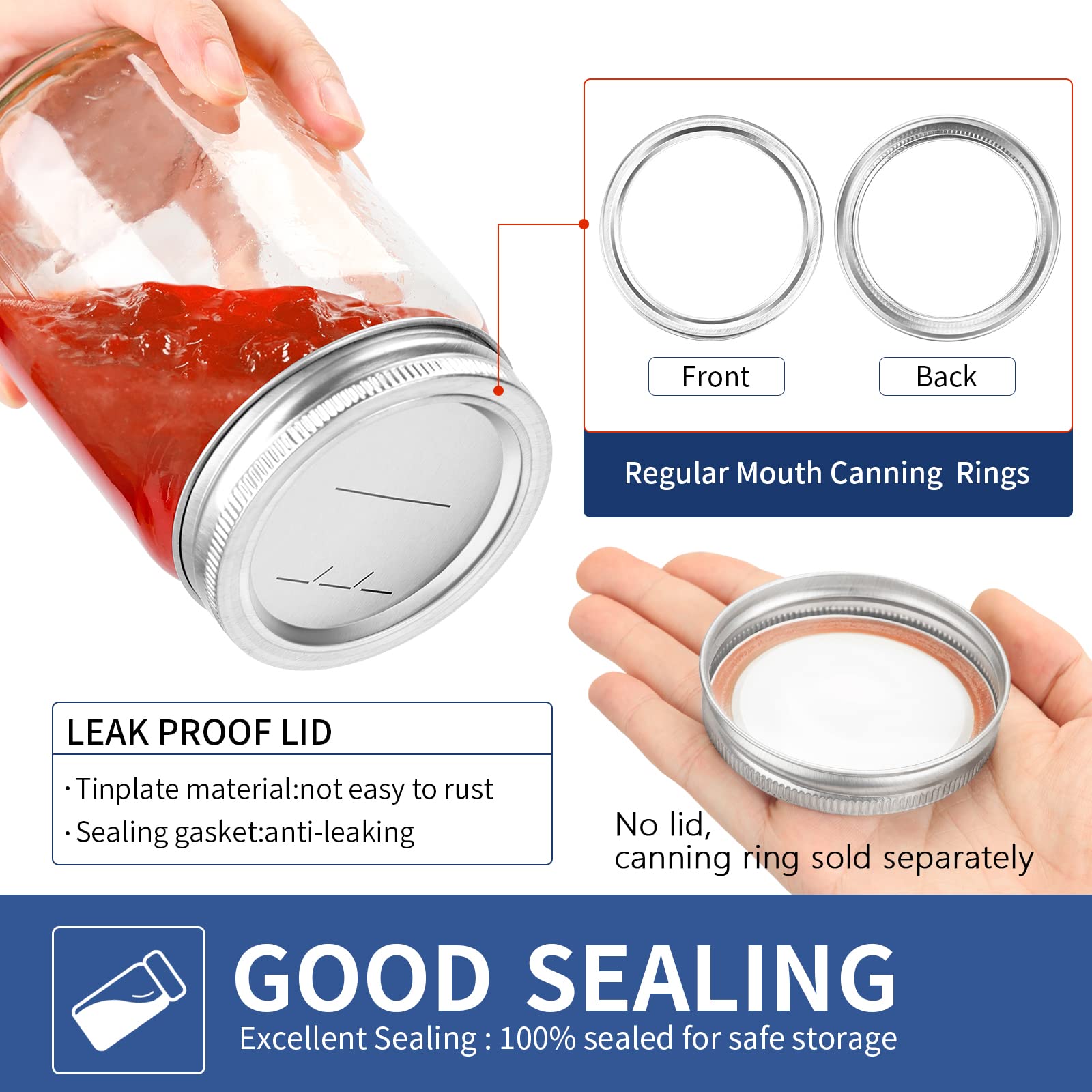 48 Pieces Regular Mouth Canning Jar Rings, Regular Mouth Mason Jar Replacement Metal Rings - Split-Type Seals Jar Rings Rust Proof Leak Proof Screw Bands for Canning Mason Jar