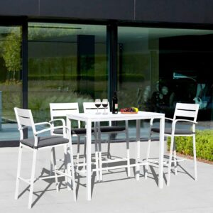 Soleil Jardin Outdoor Aluminum 5-Piece Bar Set, Dining Bistro Pub Set, Patio Bar Height Chairs with Cushion & Slatted High Top Table for Backyard Garden Pool, White