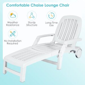 Tangkula Outdoor Chaise Lounge Chair, 5-Position Adjustable Recliner with Storage Box and Flexible Wheels, All-Weather Folding Patio Lounge Chair for Poolside, Beach and Backyard (1, White)