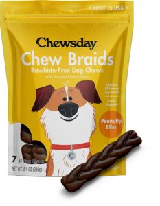 chewsday 5-inch dog chew braids, made in the usa, all natural rawhide-free highly-digestible treats, peanutty bliss - 7 count