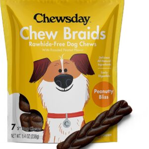 Chewsday 5-Inch Dog Chew Braids, Made in The USA, All Natural Rawhide-Free Highly-Digestible Treats, Peanutty Bliss - 7 Count