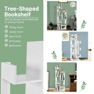 Giantex Wooden Bookcase, Tree-Shaped Modern Display Bookshelf w/ 8 Storage Shelves, Anti-Toppling, 8 Tier Freestanding Decorative Storage Organizer Shelves for CDs Movies Books Plant, White