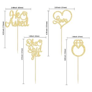 Gyufise He Asked She Said Yes Cupcake Toppers Gold Glitter Diamond Ring Heart Love Cake Picks for Wedding Engagement Party Cake Decorations 24 Pack