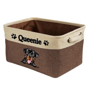 malihong personalized foldable storage basket with cute dog rottweiler collapsible sturdy fabric pet toys storage bin cube with handles for organizing shelf home closet, brown and white