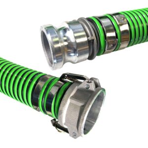 Gloxco Heavy Duty EPDM All Weather Suction Hose Assembly, Black Tube, Lime Green Helix, 2" Inside Diameter Hose with Male x Female Can and Groove Fittings Installed, 20 ft Length