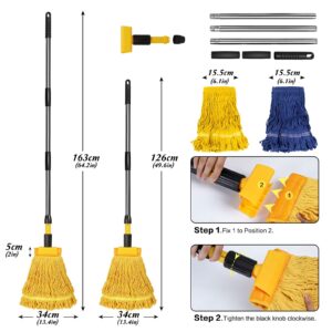 Masthome Industrial Mop, Commercial Mop for Floor Cleaning Heavy Duty, Cotton Mop Looped-End String Wet Mop with 2 Mop Heads for Home, Garage, Office Floor Cleaning (Yellow-Blue)