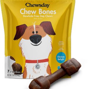 Chewsday 6-Inch Long-Lasting Dog Chew Bones, Made in The USA, All Natural Rawhide-Free Highly-Digestible Treats, Chicken Delight - 7 Count