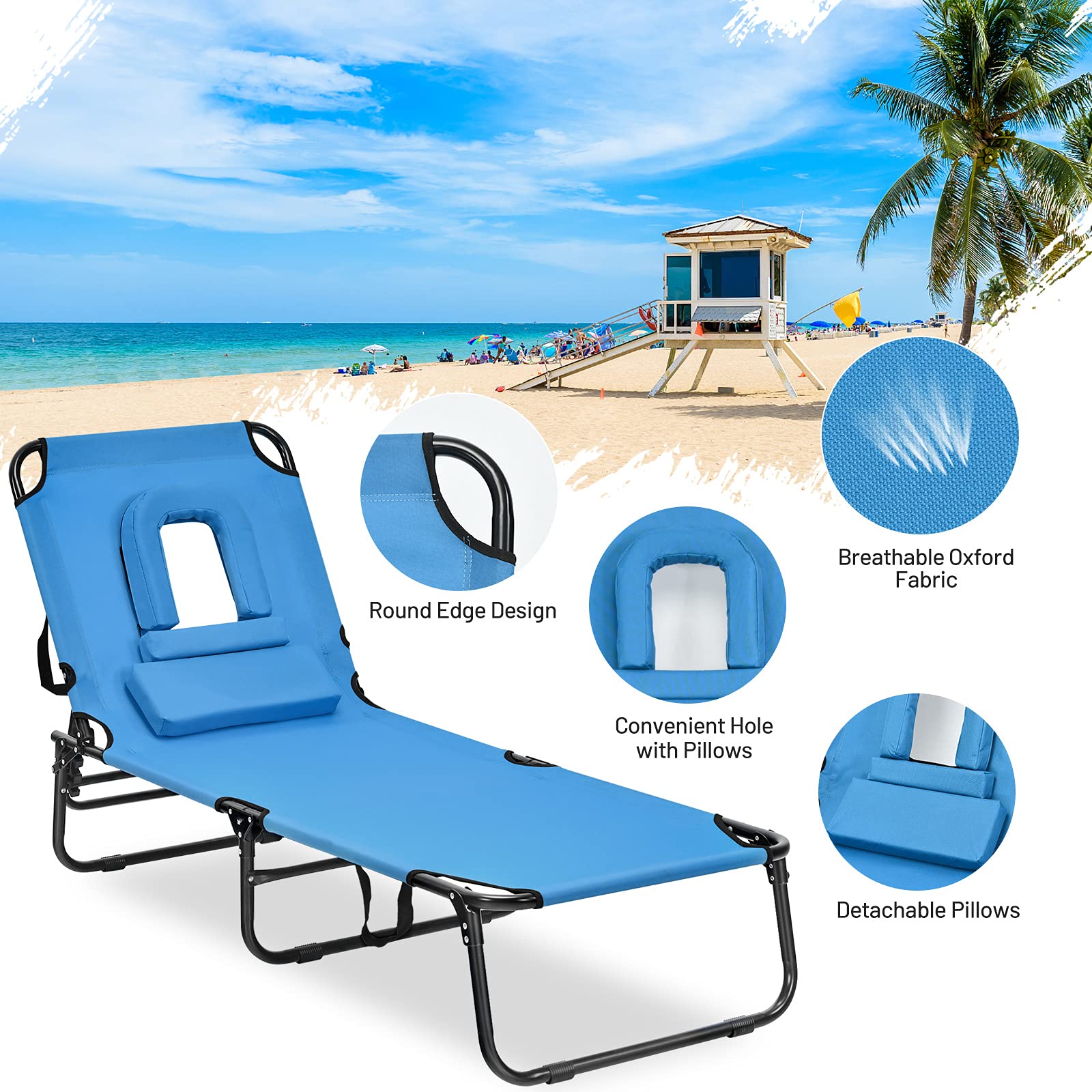 Giantex Outdoor Chaise Lounge Chair - Folding Beach Chair with 5 Adjustable Positions, Hole, Detachable Pillow, Hand Ropes, Lounger for Sunbathing, Poolside, Yard, Patio Lawn Chair