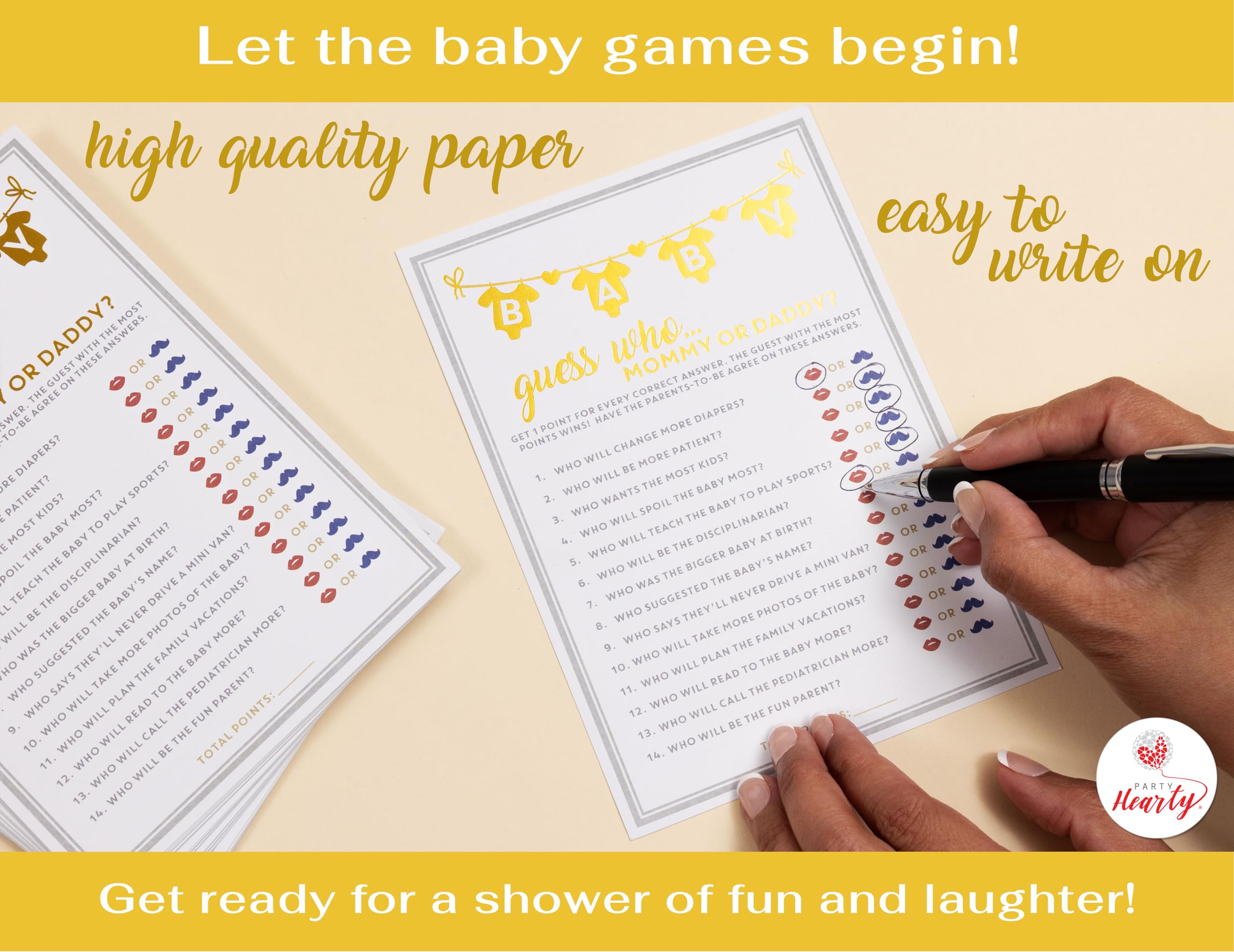 Party Hearty Baby Shower Games for Girl or Boy, 50 pcs Mommy or Daddy Guess Who Game, Fun Activity Cards, Gender Neutral, Baby Shower Ideas