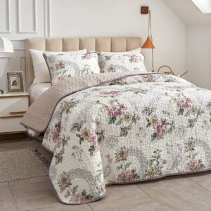 Flysheep 2 Pieces Quilt Set Twin Size, Beige Floral Reversible Bedspread Coverlet Set, Soft Microfiber Lightweight Bed Cover for Kids (68" x 86", 1 Quilt+ 1 Pillow Sham)