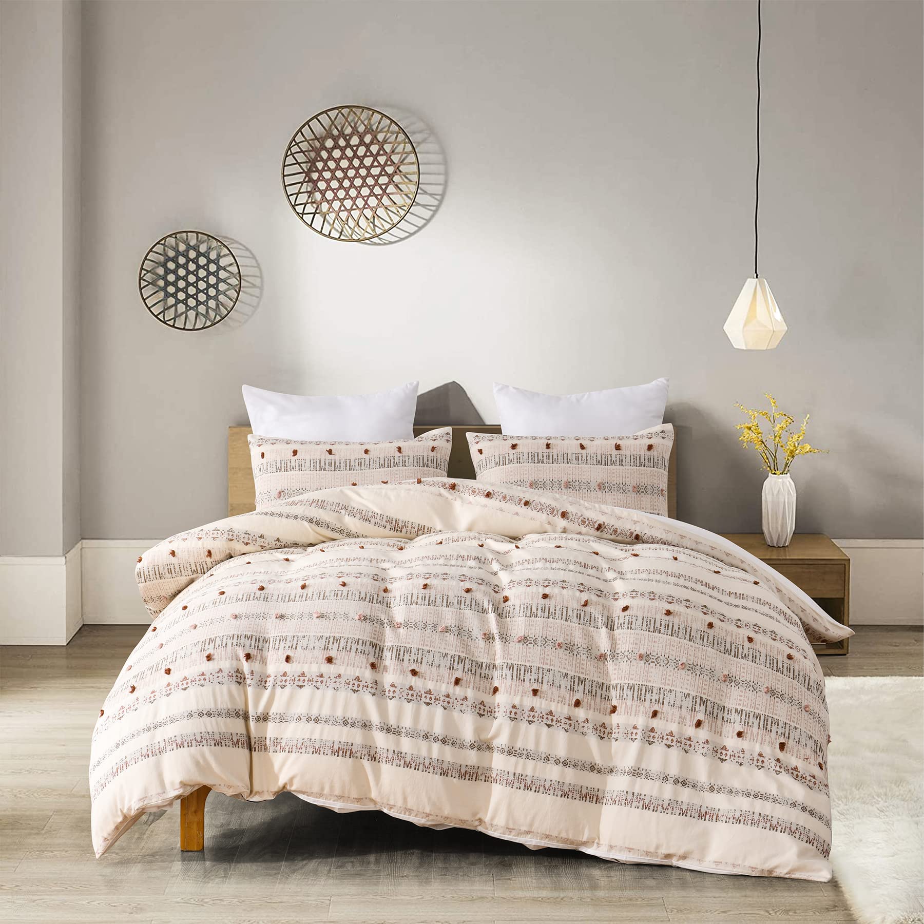 ECLEC Boho Dots Tufted Cotton Duvet Cover 3 Pieces Set Textured Jacquard Full/Queen Bedding Set, Oeko-Tex Certified, Ultra-Soft, Warm, Breathable, Machine Washable, All Season