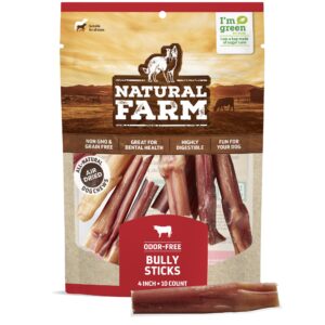 natural farm odor free bully sticks (4 inch, 10 pack) for small & medium dogs - 100% beef chews for pups, non-gmo, grain-free, fully digestible long lasting dog treats