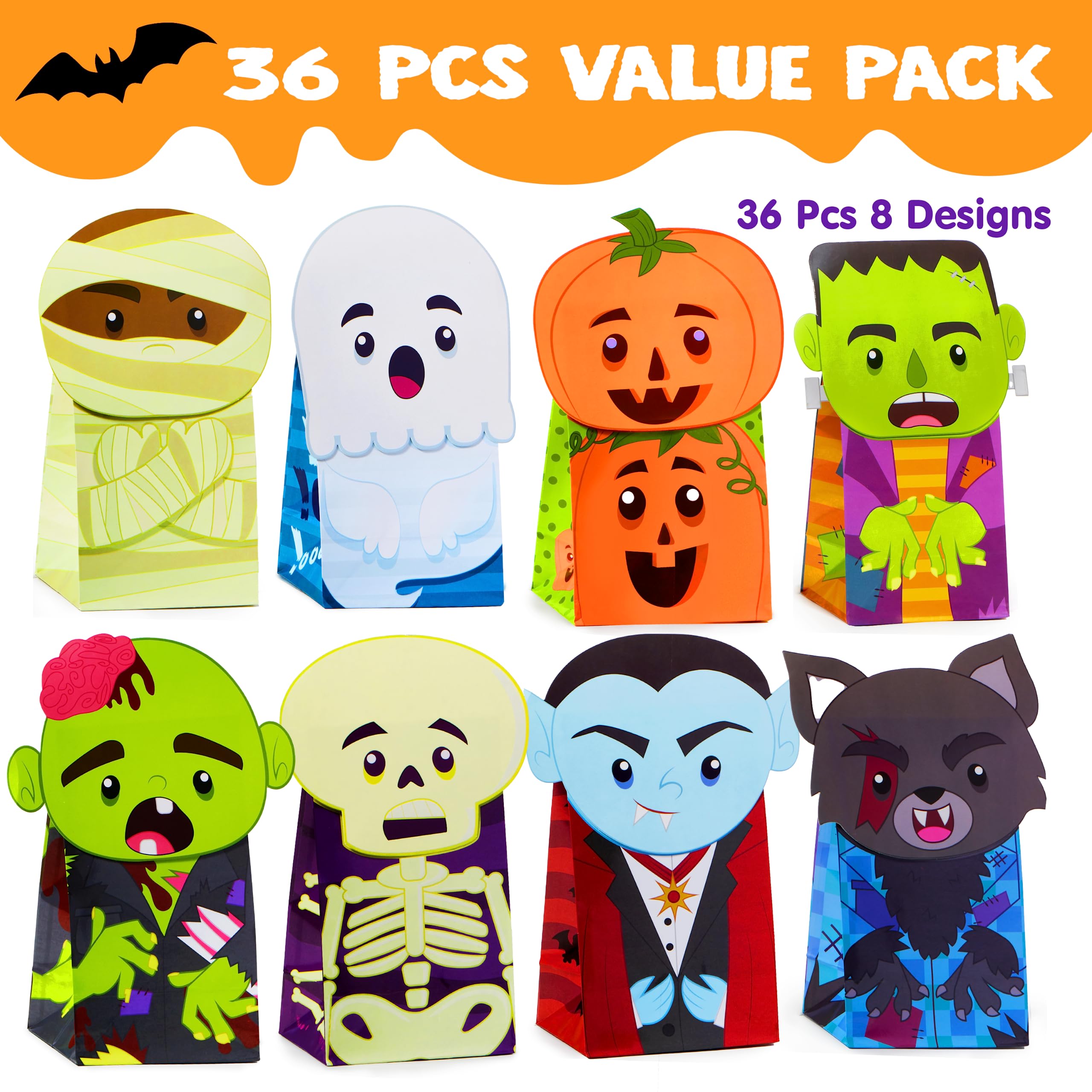 JOYIN 36PCS Halloween Treat Goodies Bags, 5 × 8" Die-Cut Flip Over Candy Box Bulk, Gift Bag for Trick or Treating, 8 Design Non-Candy Trick or Treat Cookies Box for Kids Halloween Party Favor Supplies