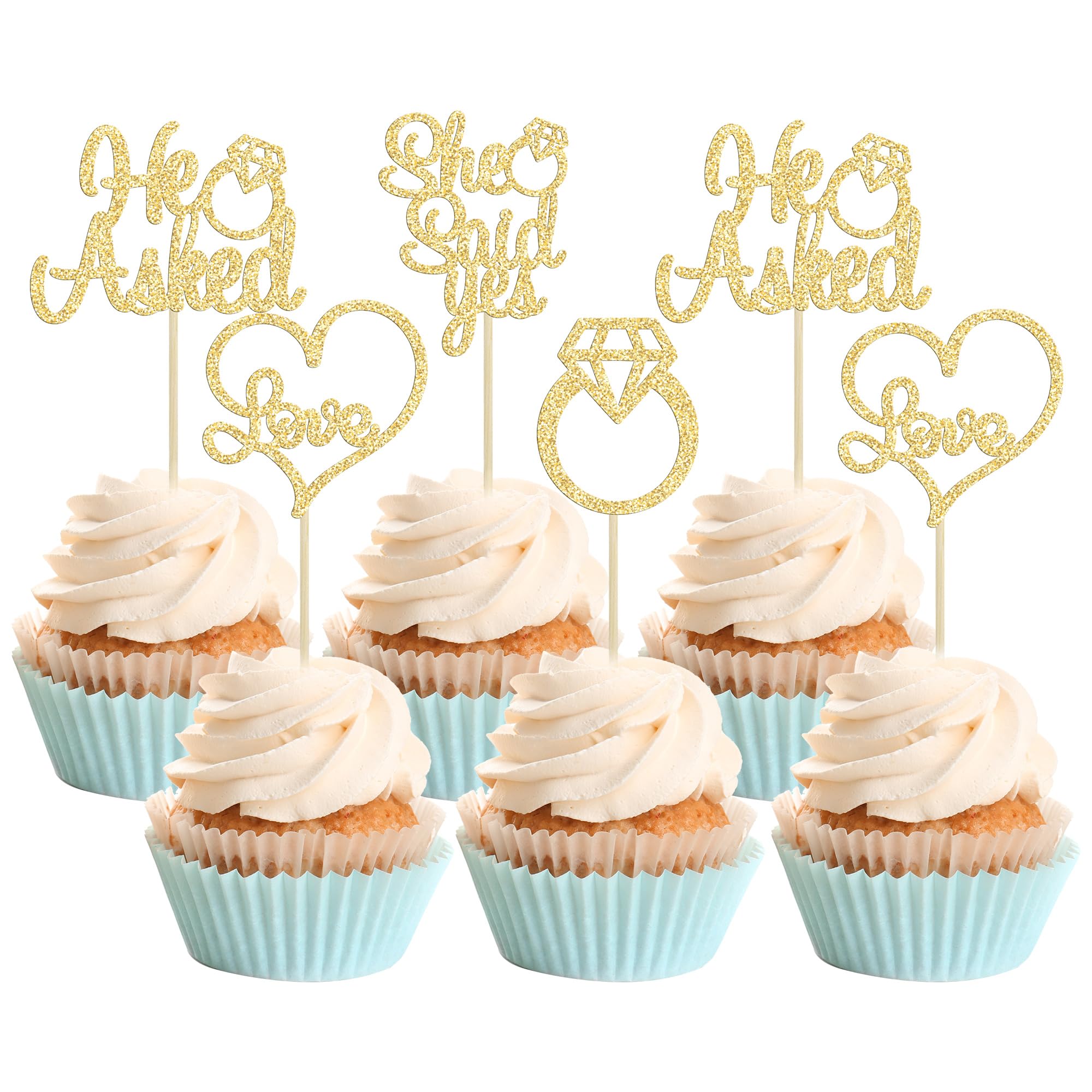 Gyufise He Asked She Said Yes Cupcake Toppers Gold Glitter Diamond Ring Heart Love Cake Picks for Wedding Engagement Party Cake Decorations 24 Pack