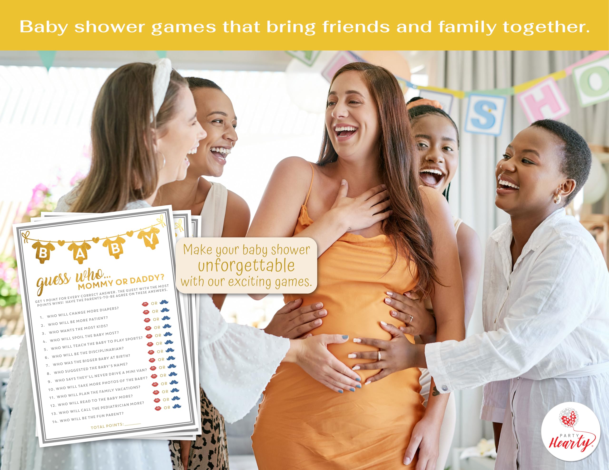 Party Hearty Baby Shower Games for Girl or Boy, 50 pcs Mommy or Daddy Guess Who Game, Fun Activity Cards, Gender Neutral, Baby Shower Ideas