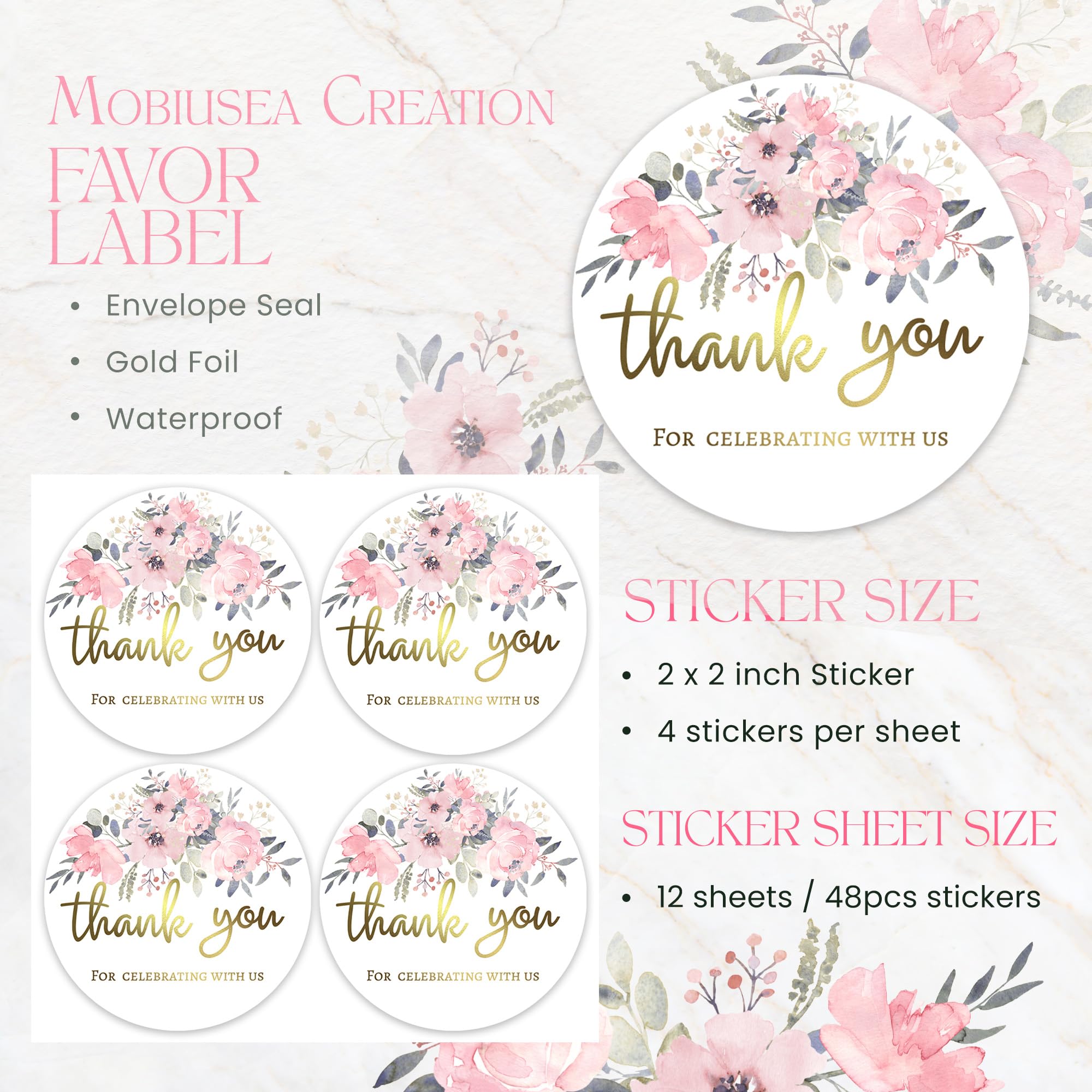 Mobiusea Creation Floral Party Thank You for Celebrating with Us Sticker | 2 inch | Gold Foil | 48pcs Waterproof Thank You Stickers for Wedding, Bridal Shower, Birthday, Boho Girl Baby Shower