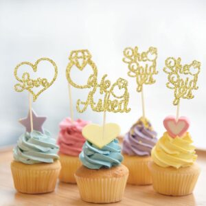 Gyufise He Asked She Said Yes Cupcake Toppers Gold Glitter Diamond Ring Heart Love Cake Picks for Wedding Engagement Party Cake Decorations 24 Pack