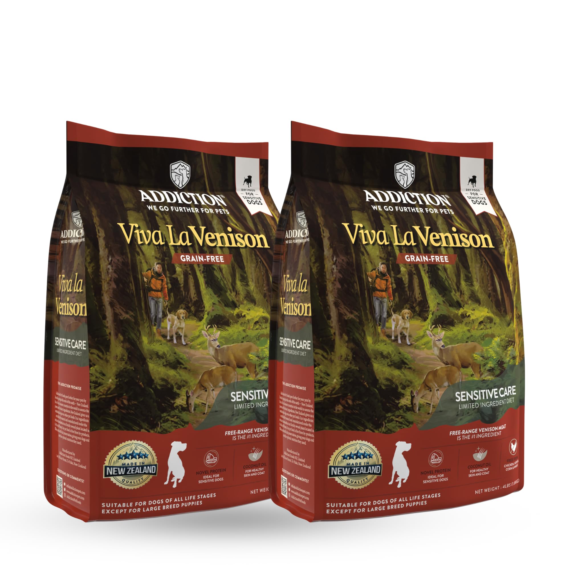 Addiction Viva La Venison Premium Grain-Free Dry Dog Food - Single Protein & Novel Meat with Probiotics - No Chicken, Beef, or Turkey - Ideal for All Dogs & Puppies 4lb - 2 Packs