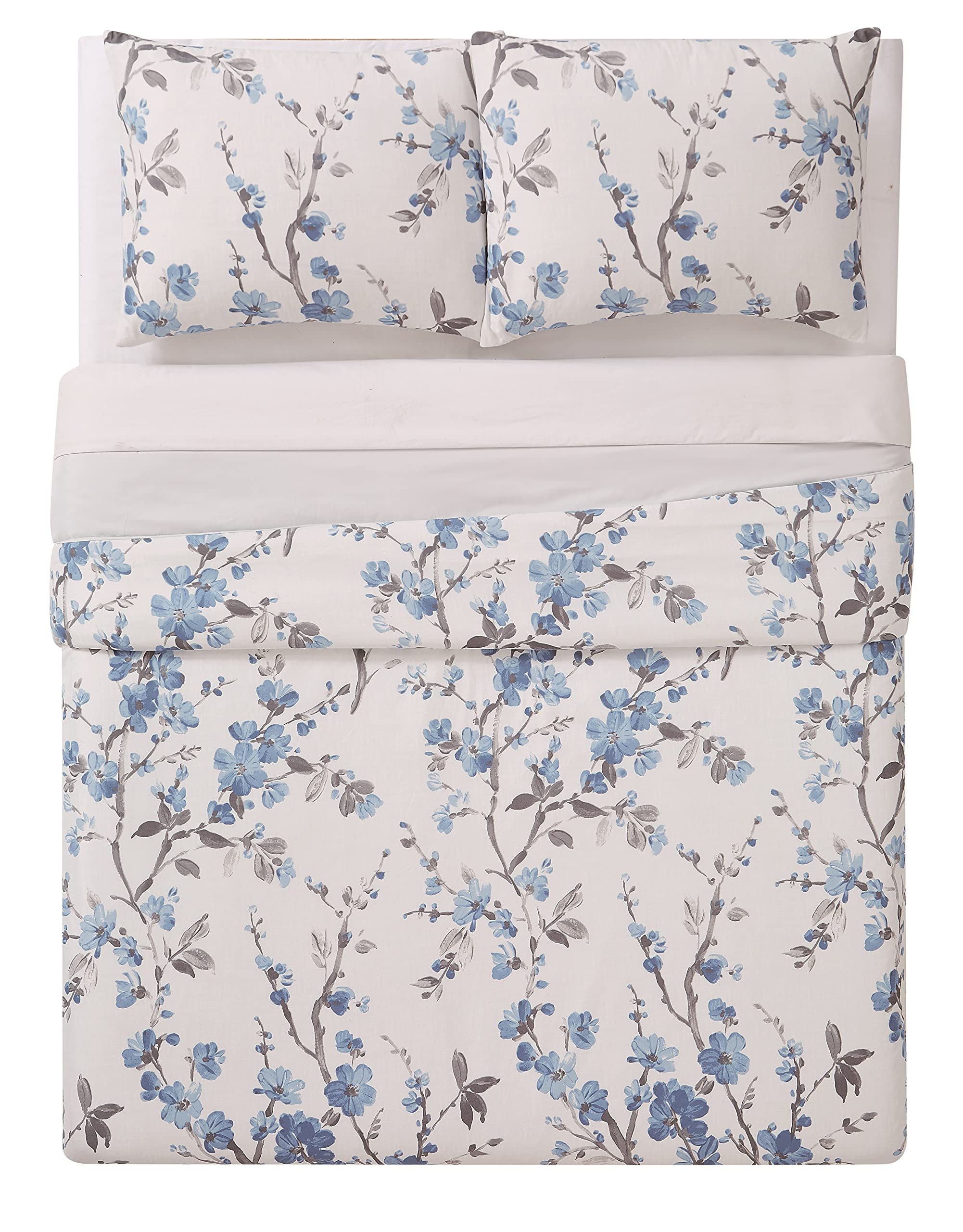 CANNON Kasumi Floral King 3 Piece Duvet Cover Set, White/Blue