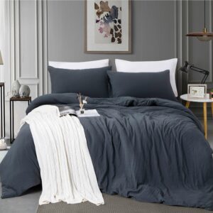 alazuria queen size duvet cover - 3 piece bedding set (1 duvet cover & 2 pillow cases) soft prewashed comforter cover w/zipper closure & corner ties - no comforter (90" x 90", charcoal blue)